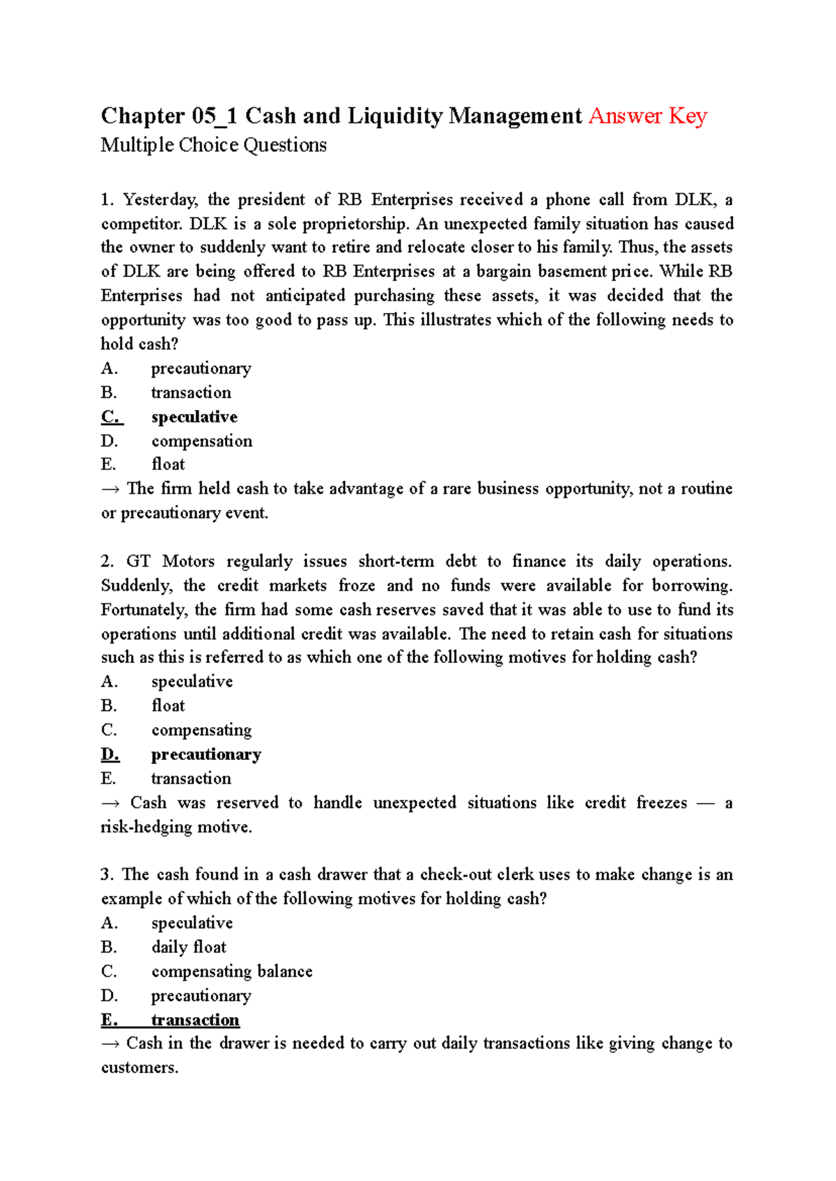 Chapter 05_1 Cash and Liquidity Management MCQ Answer Key - Studocu
