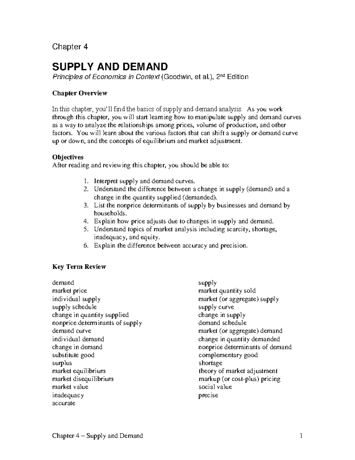 Microeconomics Supply & Demand - Chapter 4 Overview and Key Concepts ...