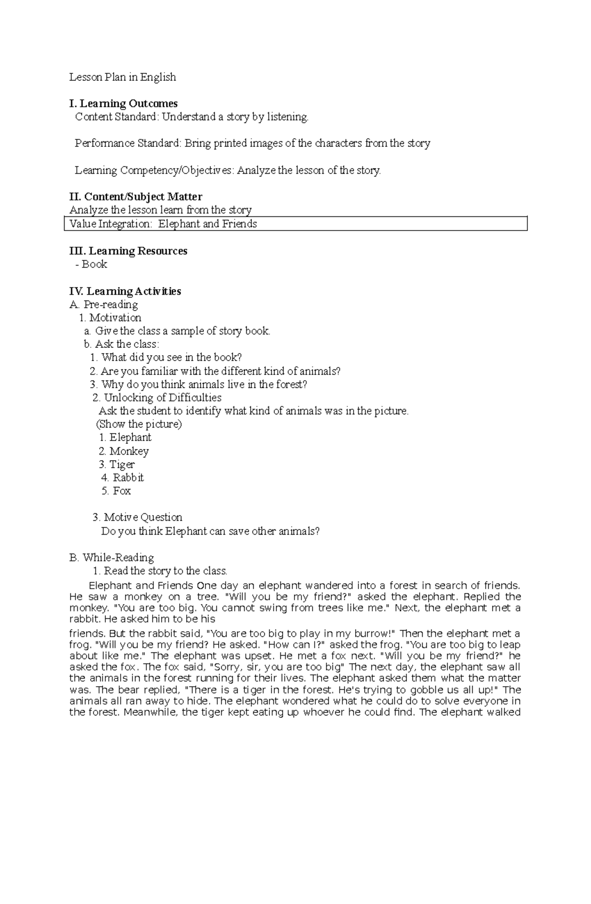 LP- Literature: Lesson Plan on "Elephant and Friends" Story - Studocu