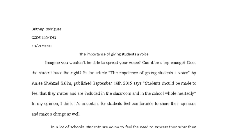 CCDE DSJ Common Exit Essay: The Importance of Student Voices - Studocu