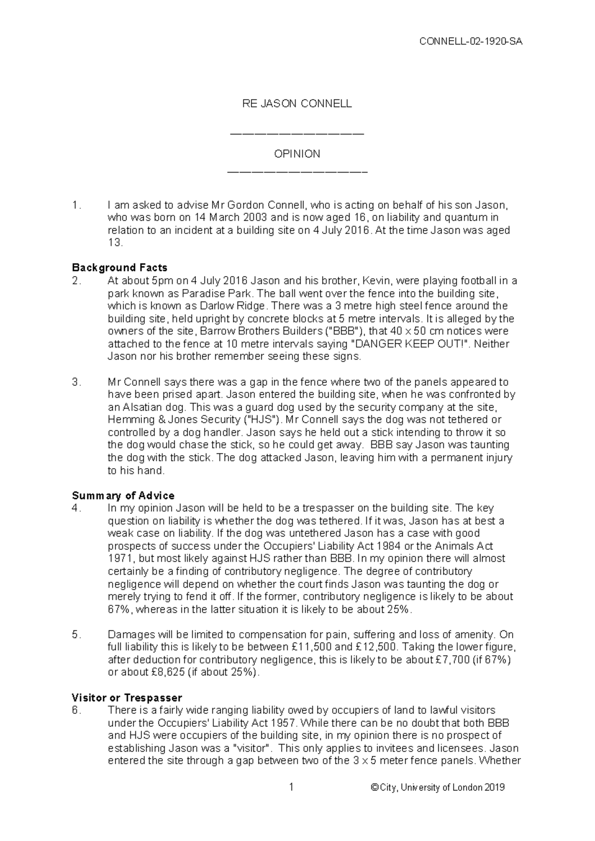 OPW 02 1920 Connell SA - Sample Answer - RE JASON CONNELL ...