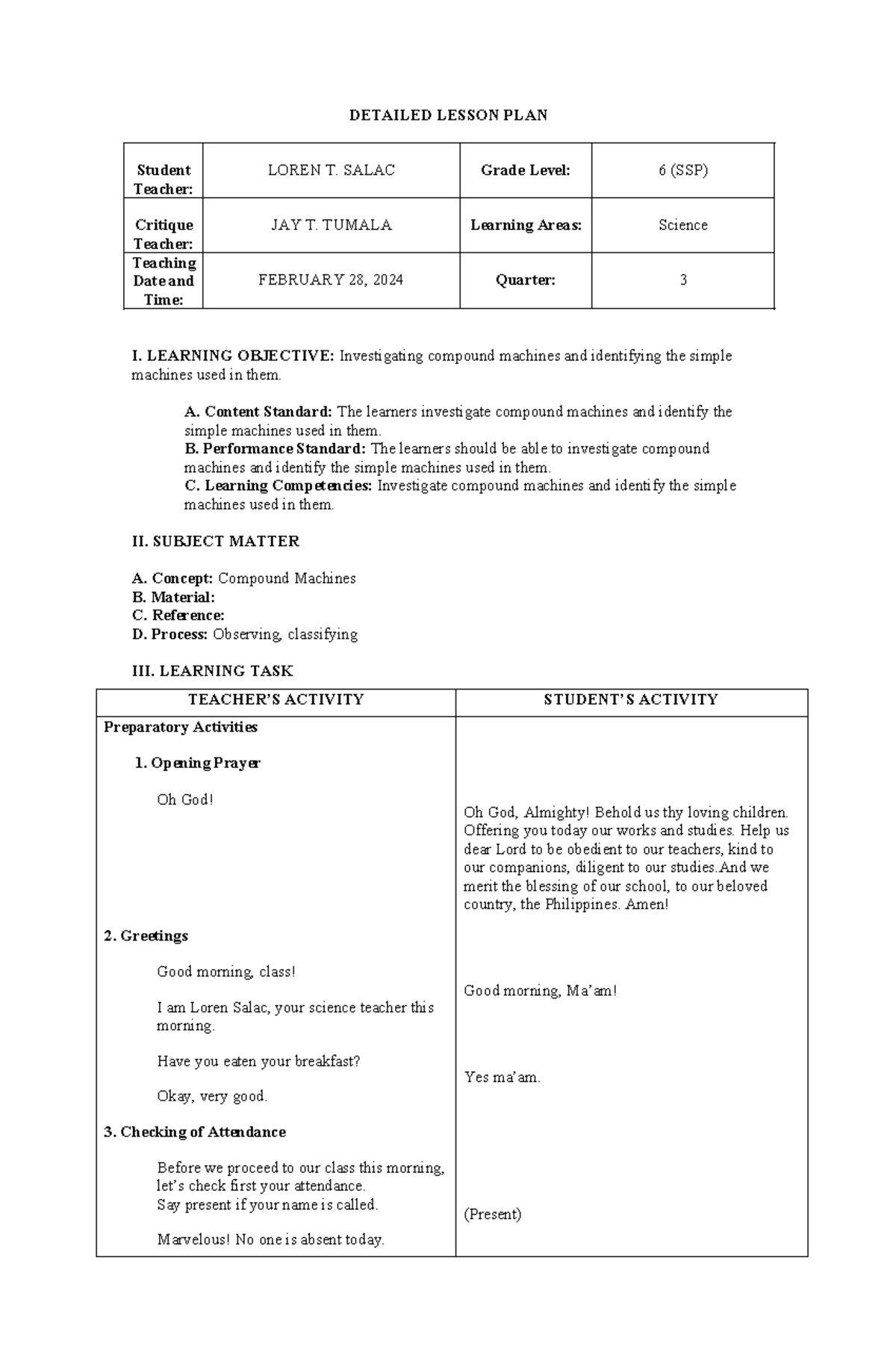 Science DLP: Detailed Lesson Plan on Compound Machines (Grade 6) - Studocu