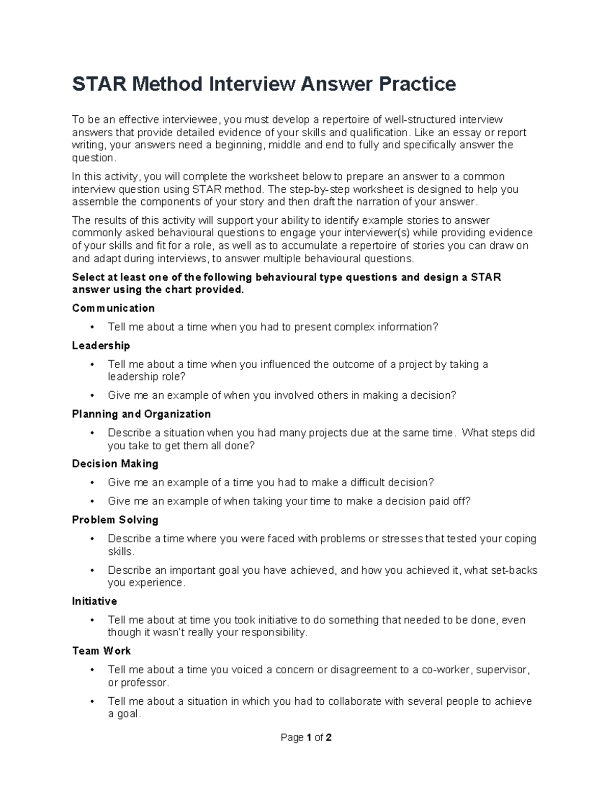 STAR Method Interview Answer Practice Worksheet - Studocu