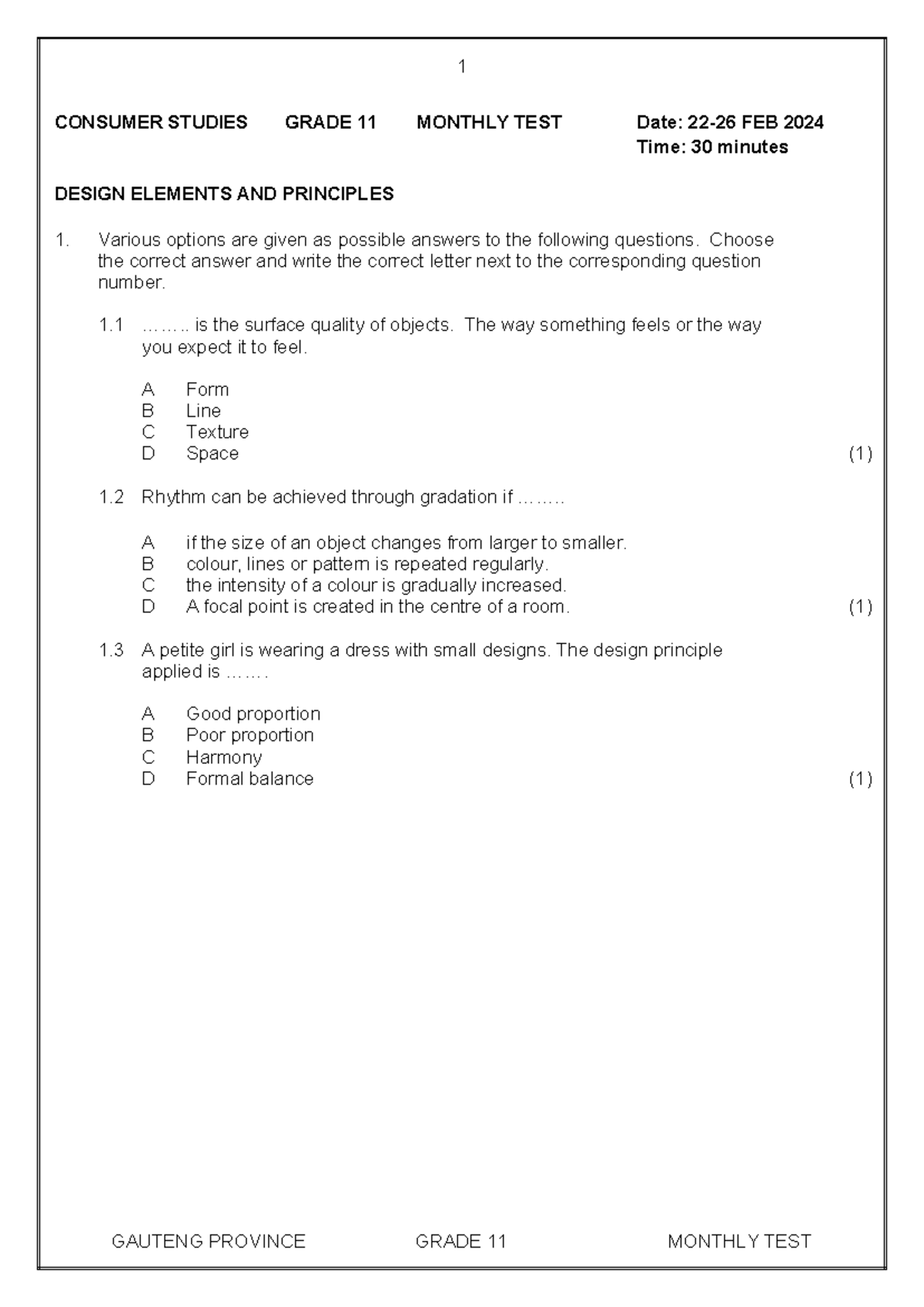 Design Element & Principle Test - Consumer Studies GRADE 11 - Studocu