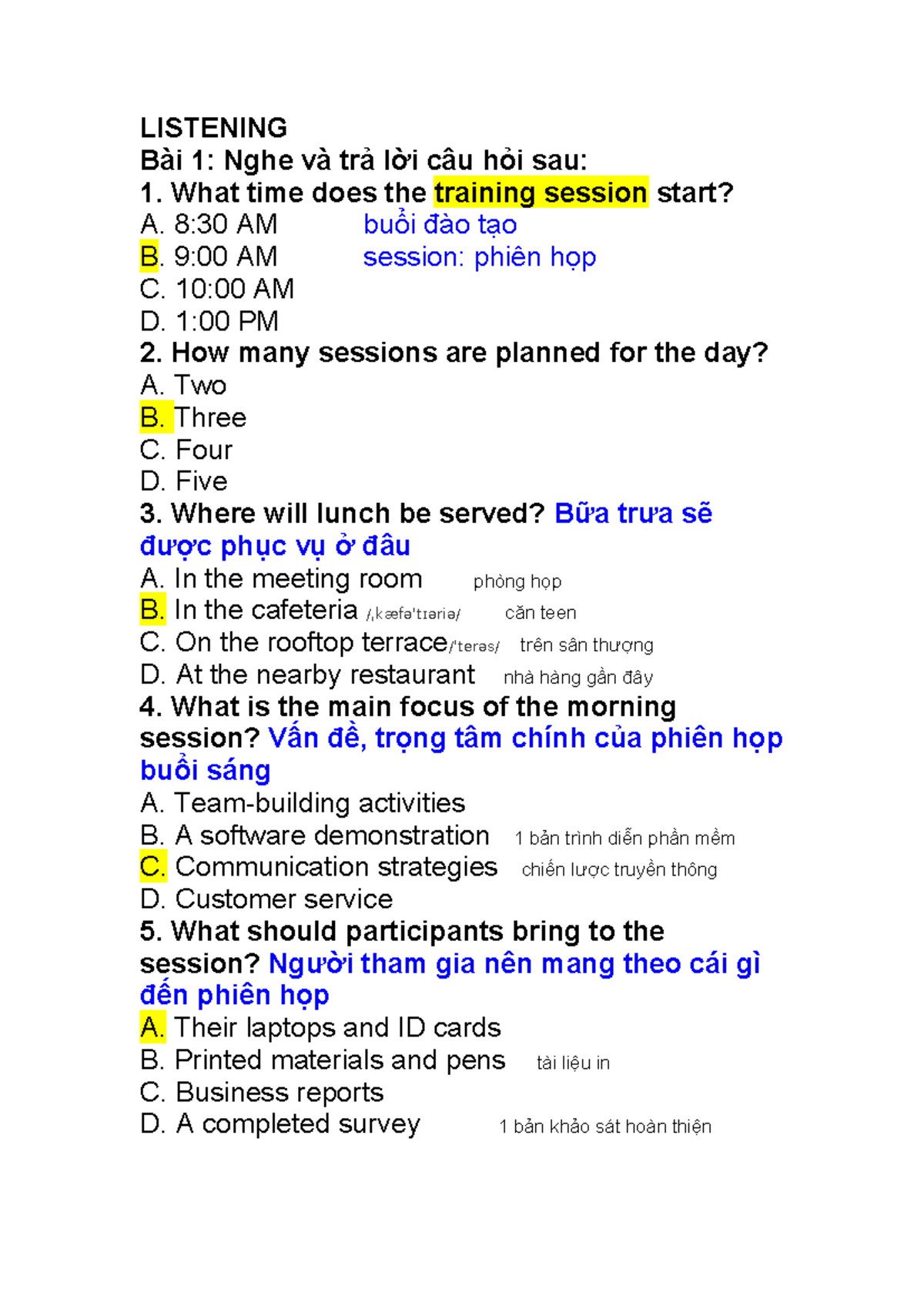 Listening 1 - Practice Questions and Answers - Studocu