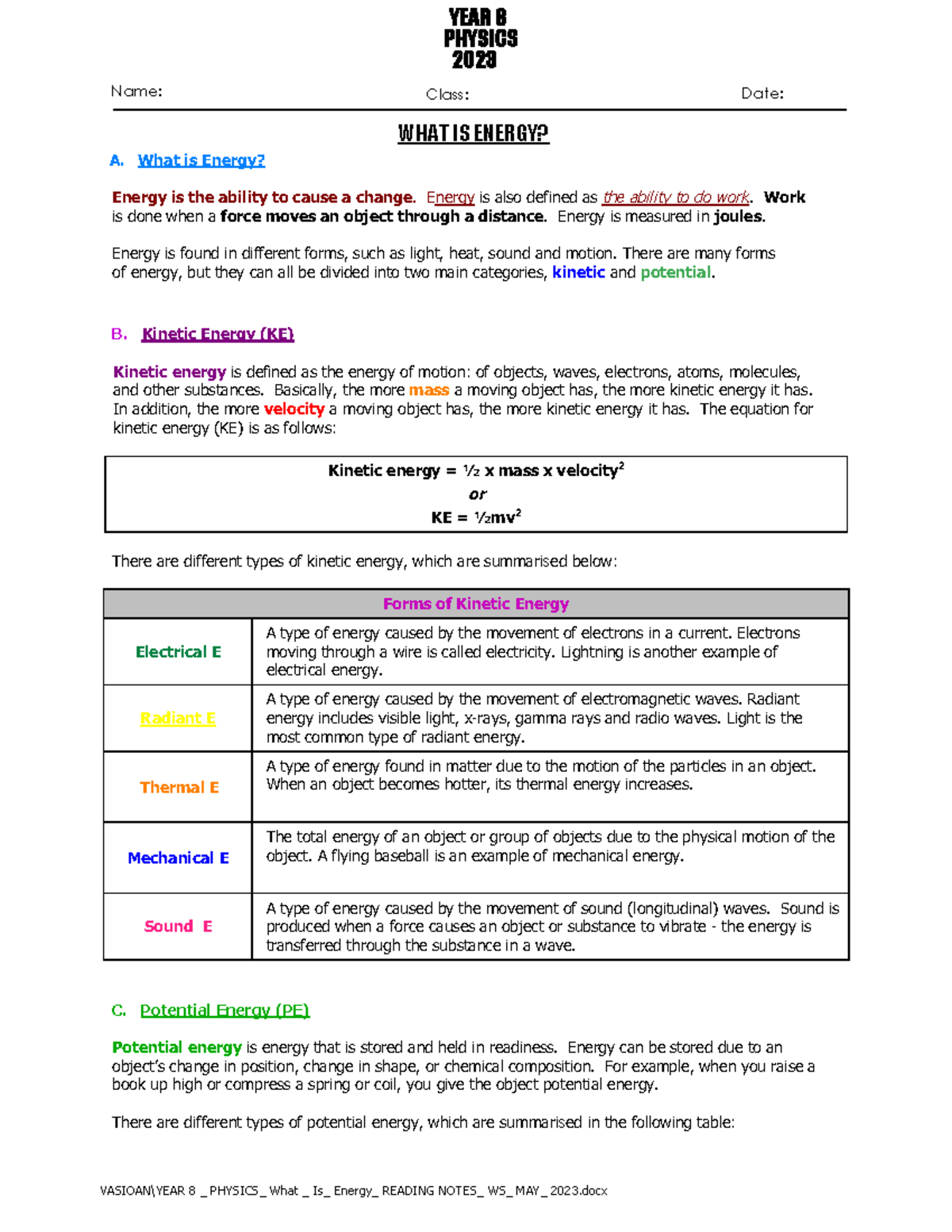 Year 8 Physics Study Notes: Understanding Energy, Formulas & Types ...