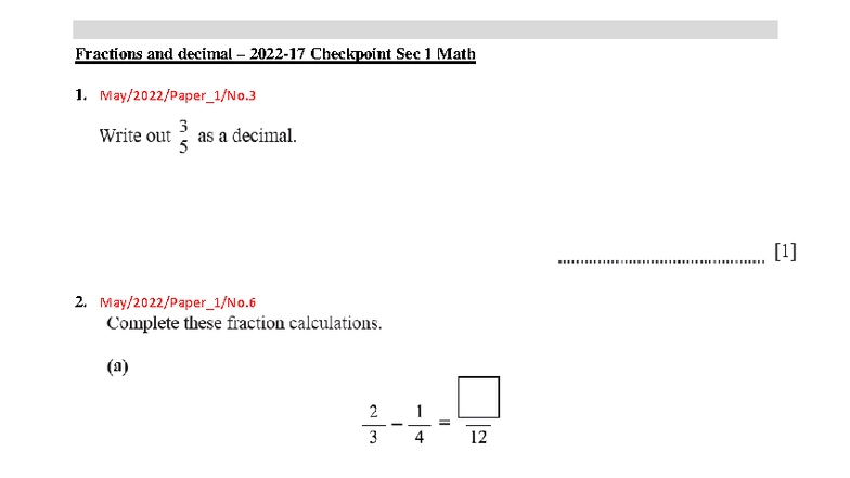 Fractions and Decimals Checkpoint Sec 1 Math 1.2.1 - Studocu