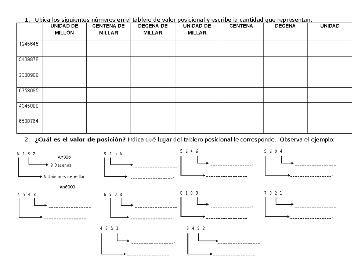 Ejercicios de Valor Posicional - Matemáticas 1er Grado - Studocu