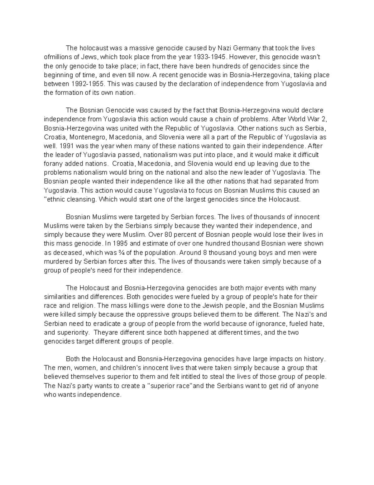 Holocaust and Bosnian Genocide: A Comparative Essay Analysis - Studocu