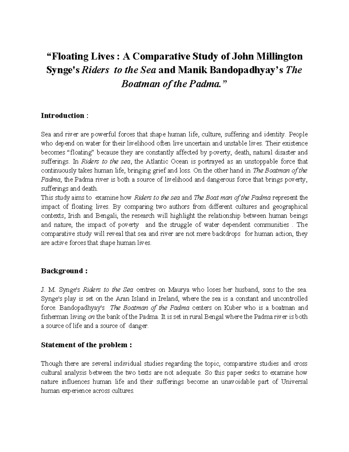 Comparative Analysis of J.M. Synge's Riders to the Sea & Manik's The ...