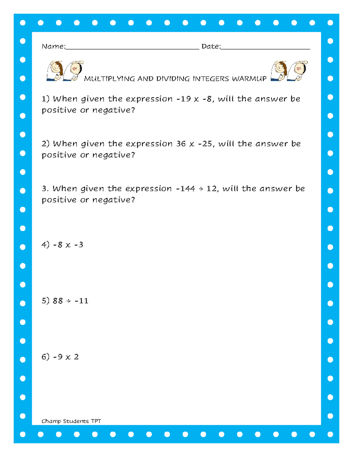 Multiplying and Dividing Positive and Negative Integers - MULTIPLYING ...