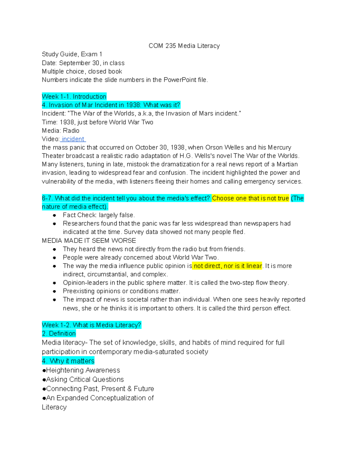 Media Literacy Study Guide for COM 235: Exam 1 Overview - Studocu