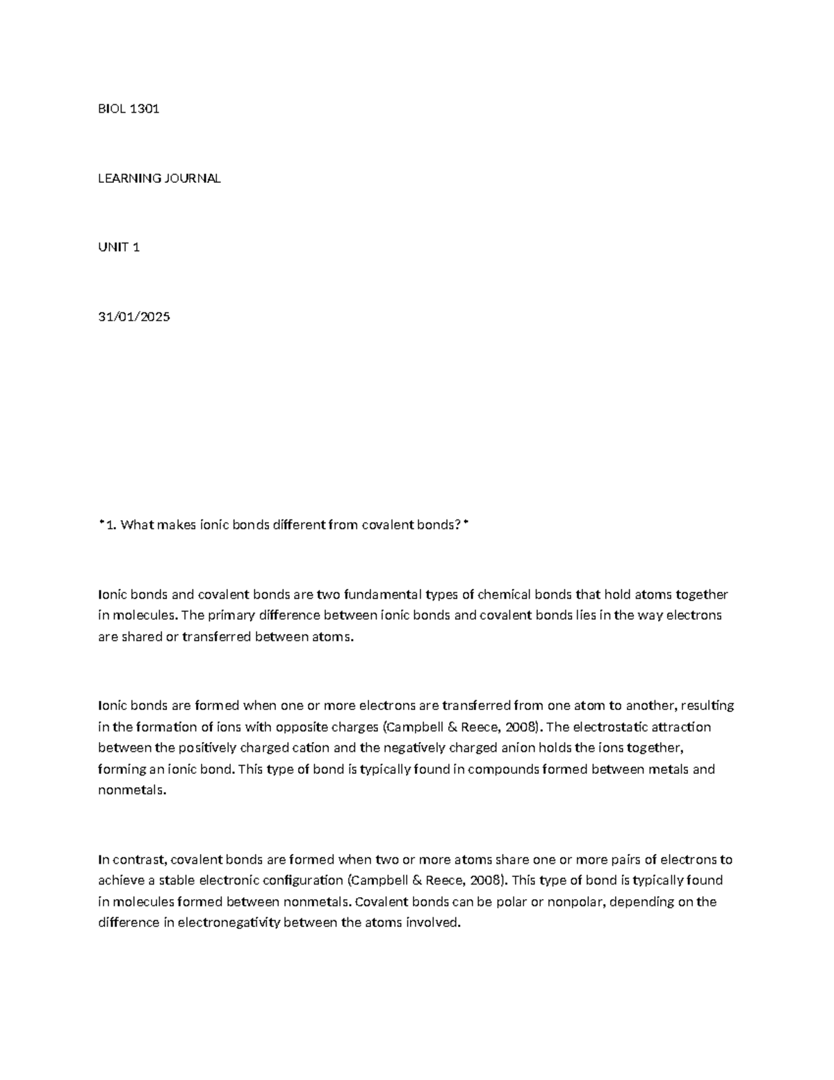 BIOL 1301 LJ 1 - BIOL learning journal for unit 1 of the academic ...