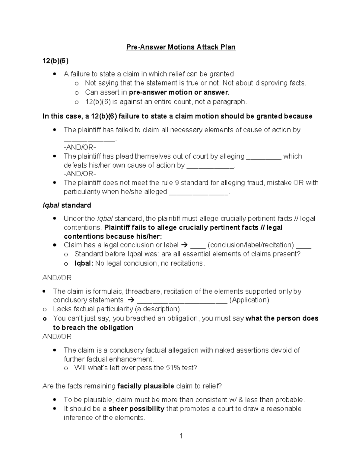 Attack Plan for Civil Procedure 1: Motions and Joinder Strategies - Studocu