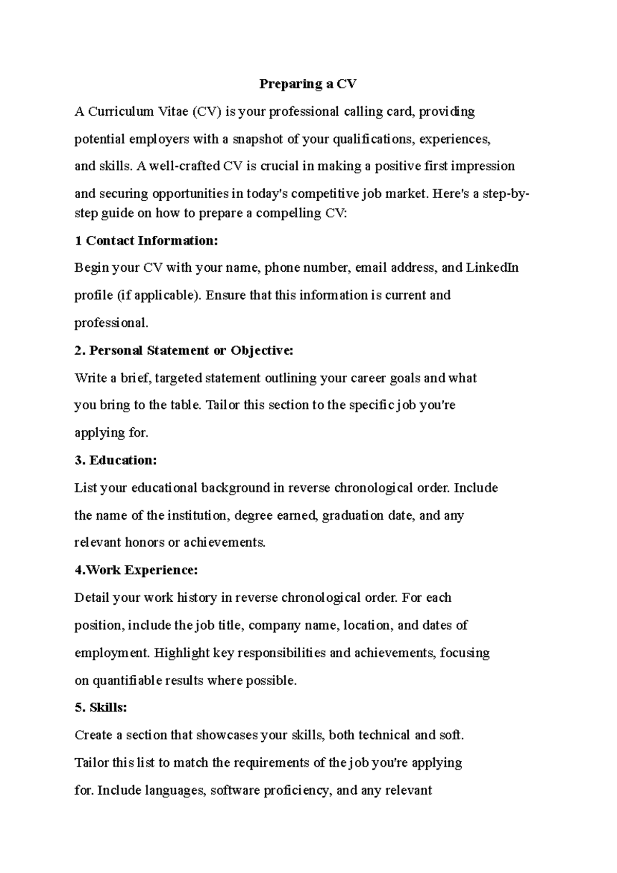 CV Preparation Guide: Key Steps for Success - Studocu