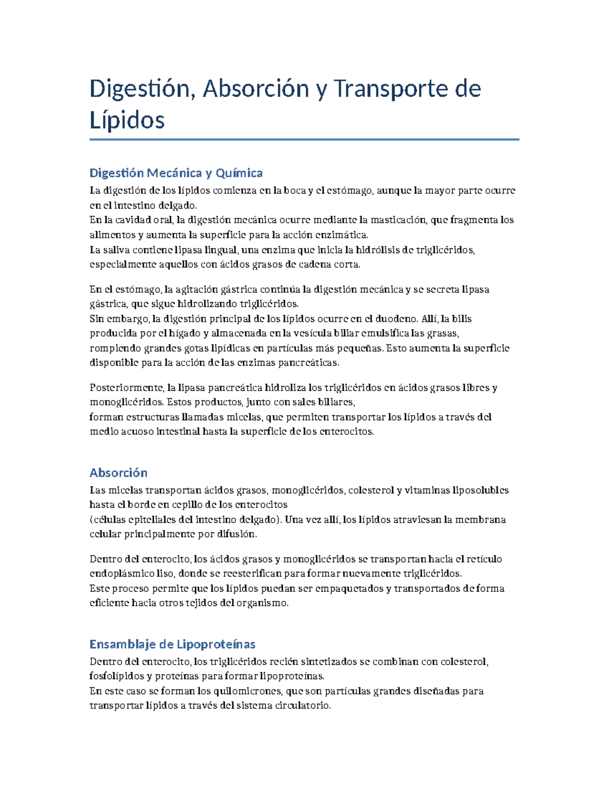 Transporte de Lípidos: Digestión y Absorción - BIO101 - Studocu