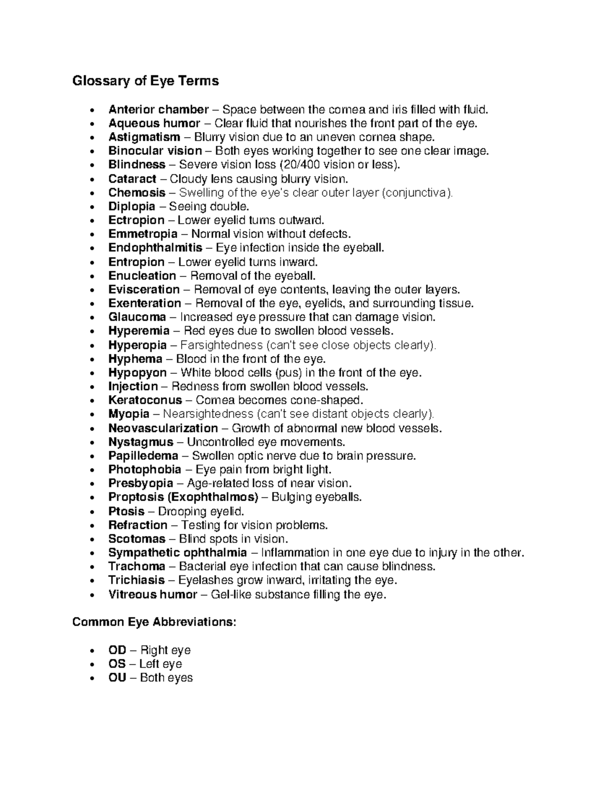 Glossary of Eye Terms - notes - Glossary of Eye Terms • Anterior ...
