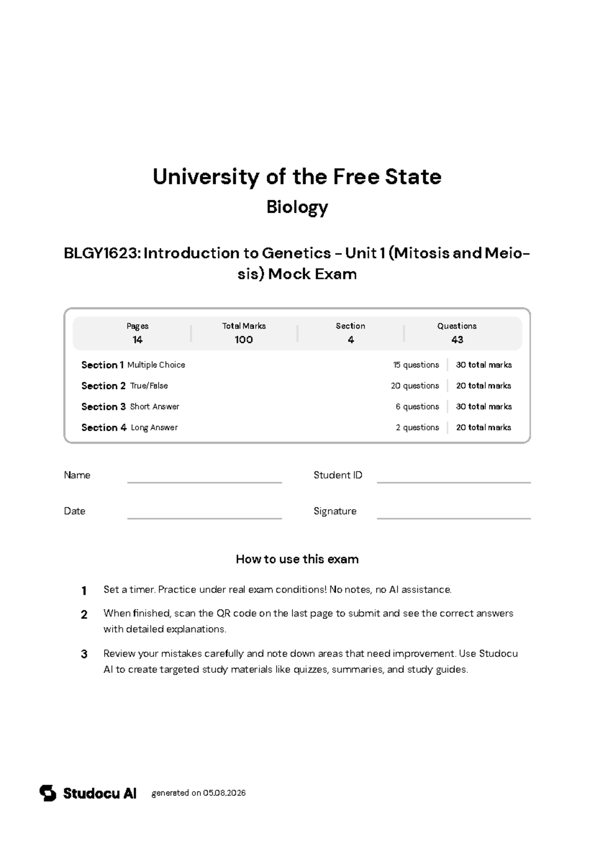 BLGY1623: Mitosis and Meiosis Mock Exam - Studocu