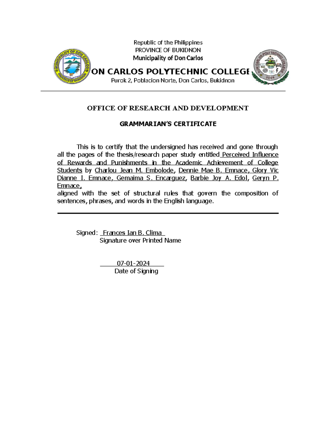 4 - Grammarian's Certificate Format for Research Thesis Documentation ...