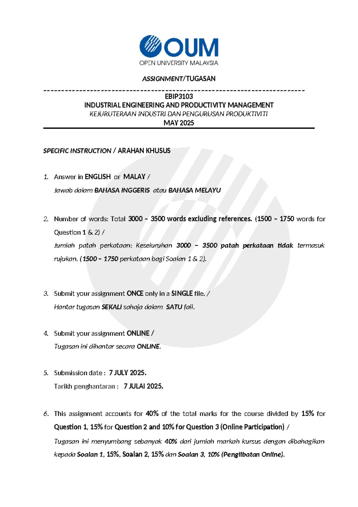 EBIP3103 - ASSIGNMENT ON INDUSTRIAL ENGINEERING AND PRODUCTIVITY ...