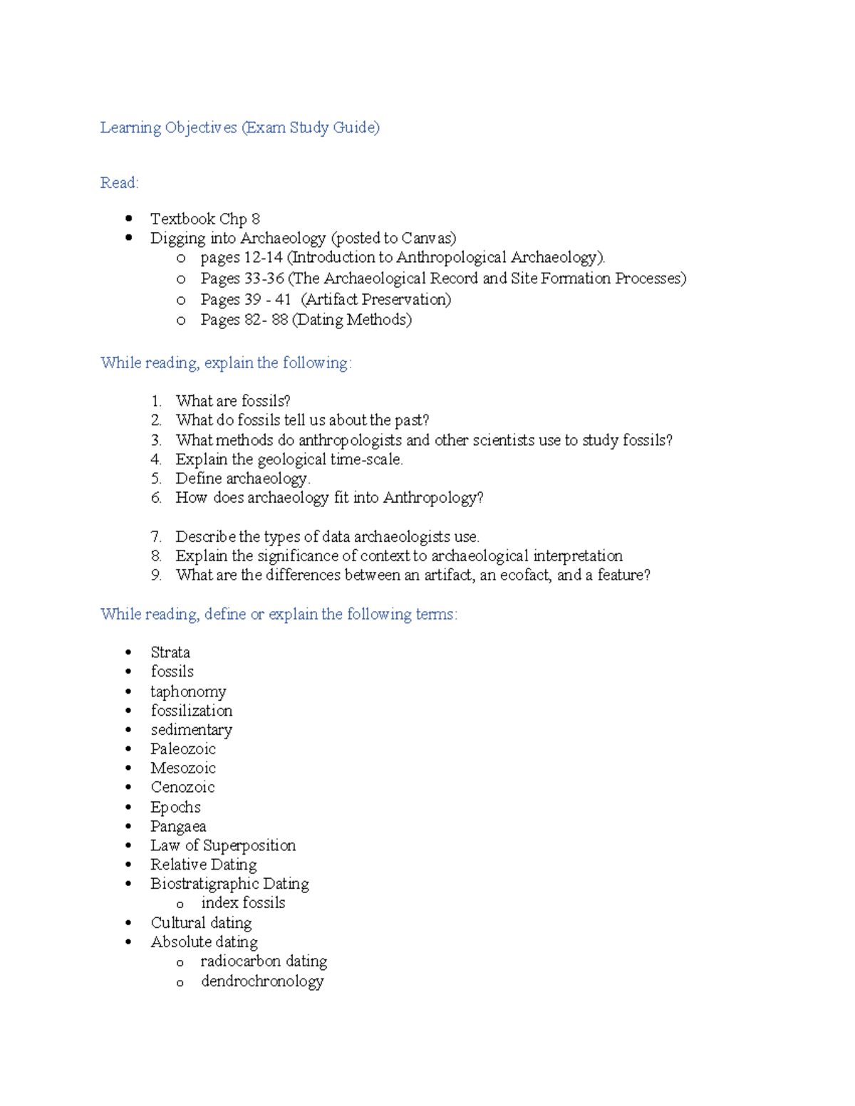 Chp 8 Study Guide: Archaeology & Fossils (Exam Study Guide) - Studocu