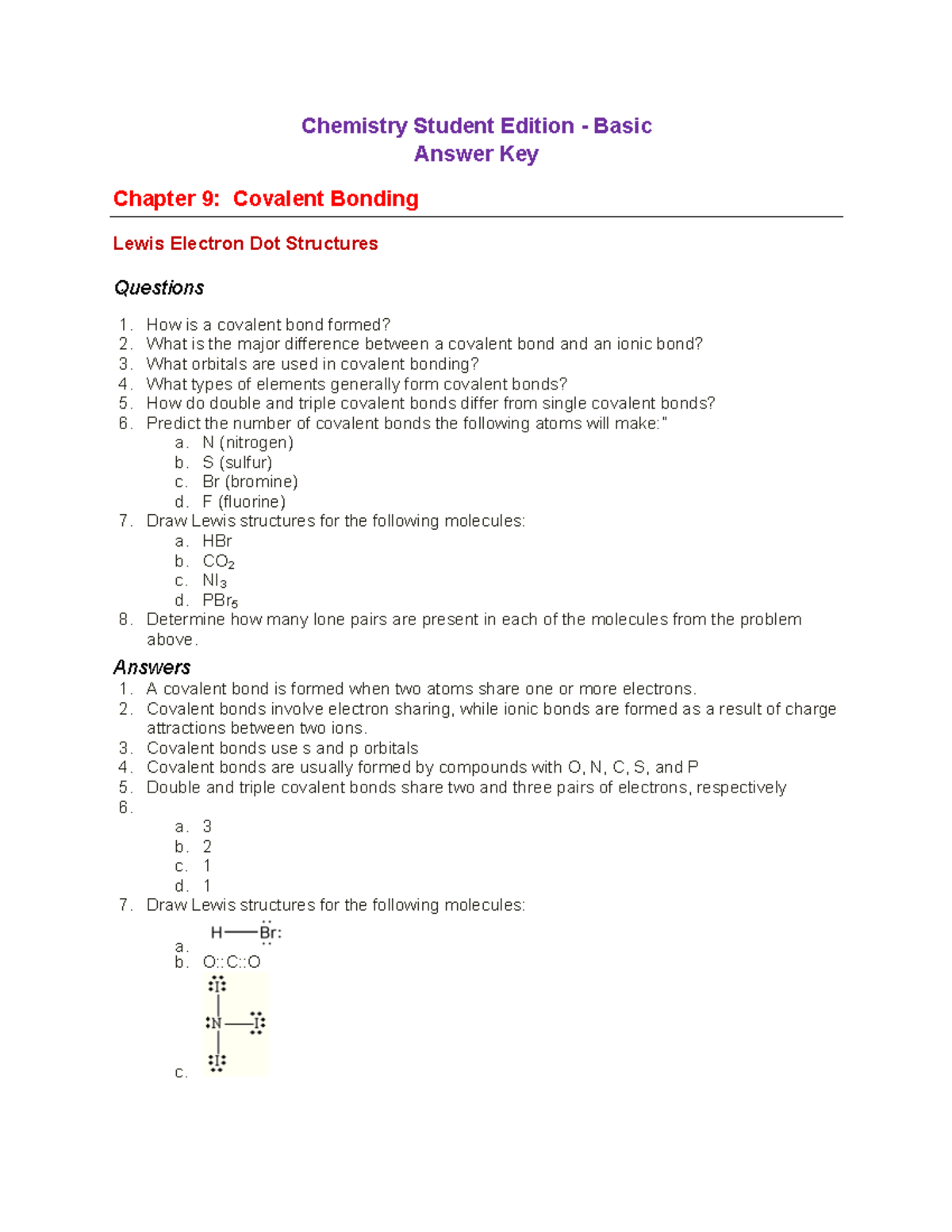 Chem 101 FB Answer Key: Covalent Bonding & Molecular Geometry Ch 09 ...