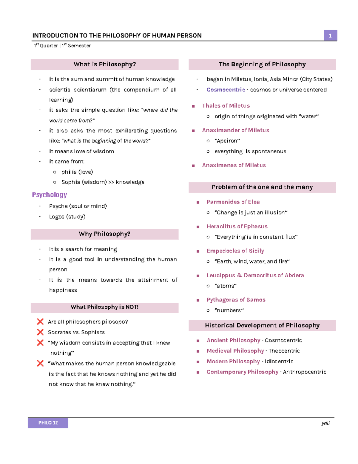 Philosophy Lecture Notes - Grade 12 STEM 1st Semester Overview - Studocu