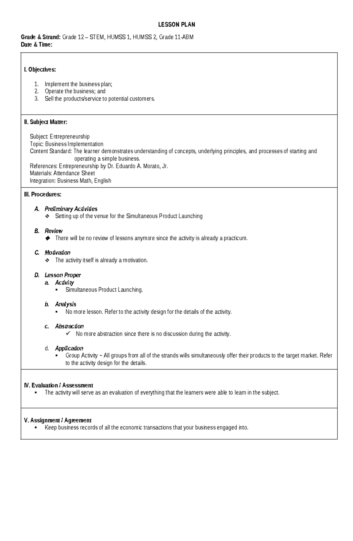 Lesson Plan in Entrepreneurship (ENTREP 101): Objectives & Activities ...