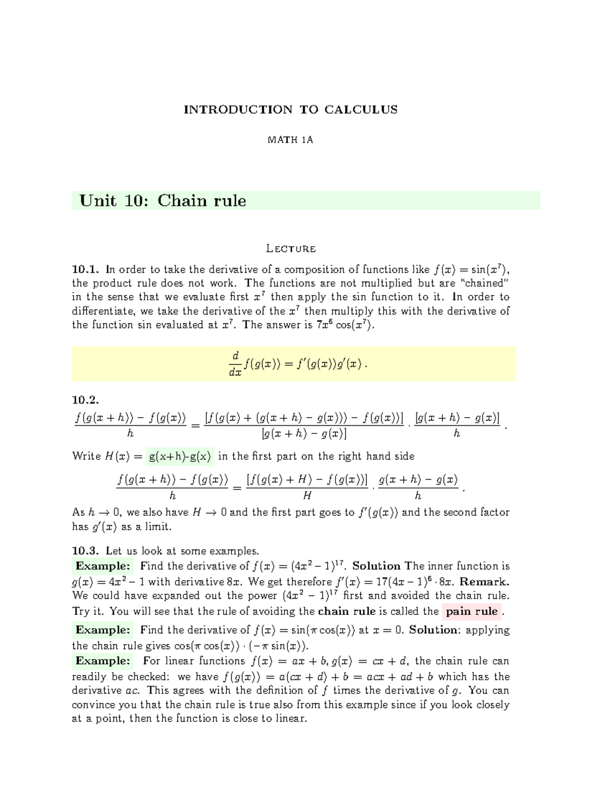 Chain Rule Lecture Notes - MATH 1A (Calculus 1) - Studocu