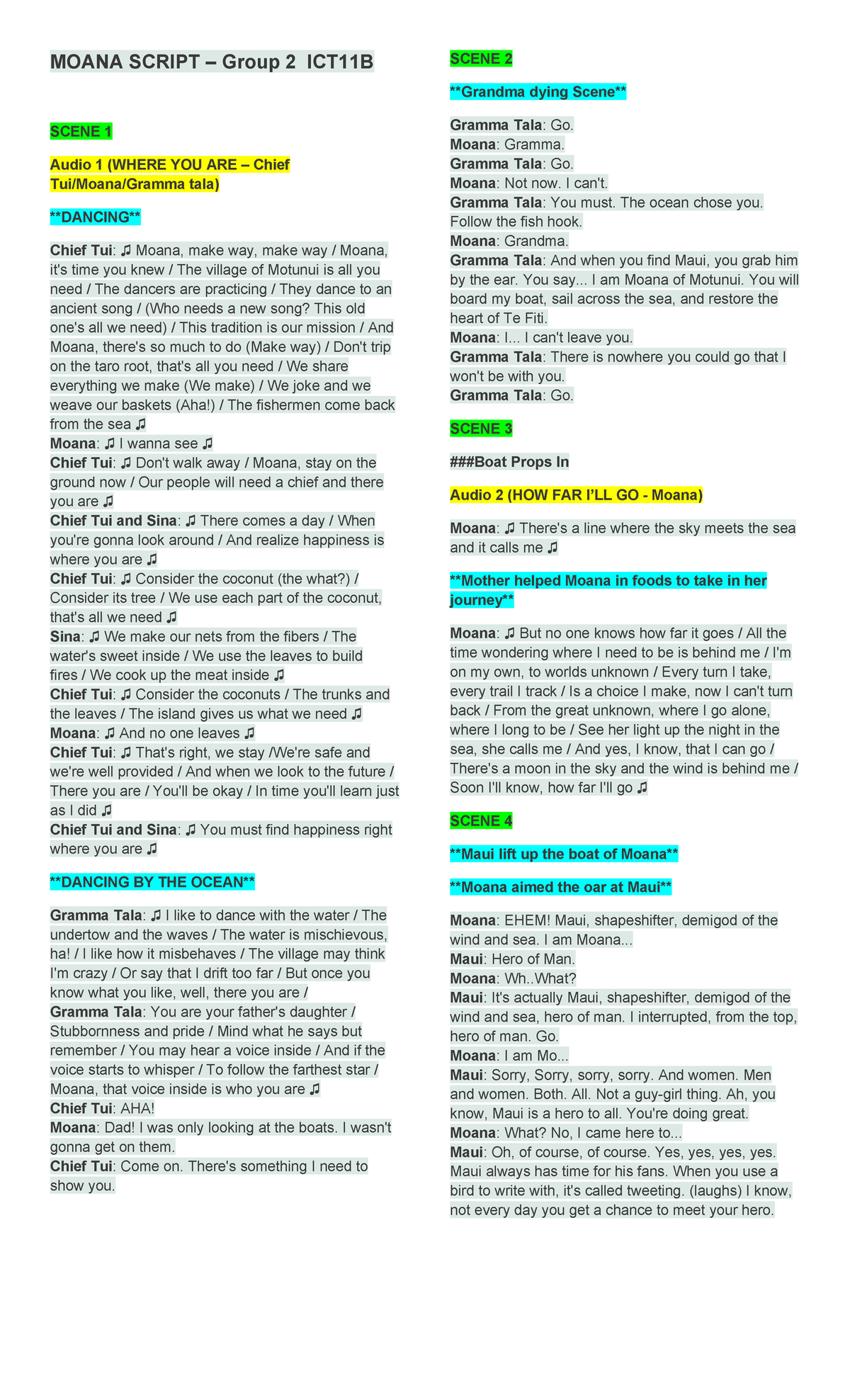 Moana Script - Group 2 ICT11B Scene Breakdown and Dialogue - Studocu