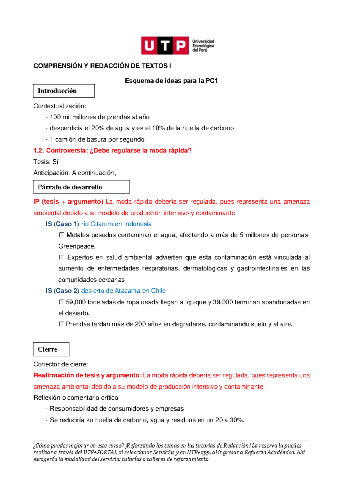 COMPRENSIÓN Y REDACCIÓN DE TEXTOS I: Esquema para la PC1 - Studocu