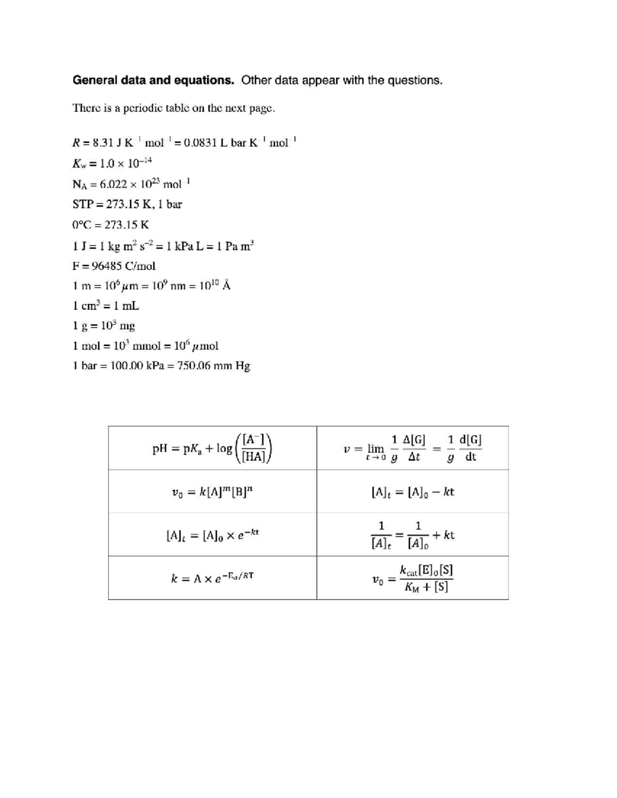 1AA3 Formula Sheet and Periodic Table - CHEM 1AA3 - Studocu