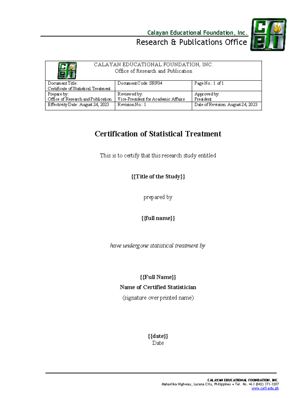 Certification of Statistical Treatment - Research & Publications Office ...