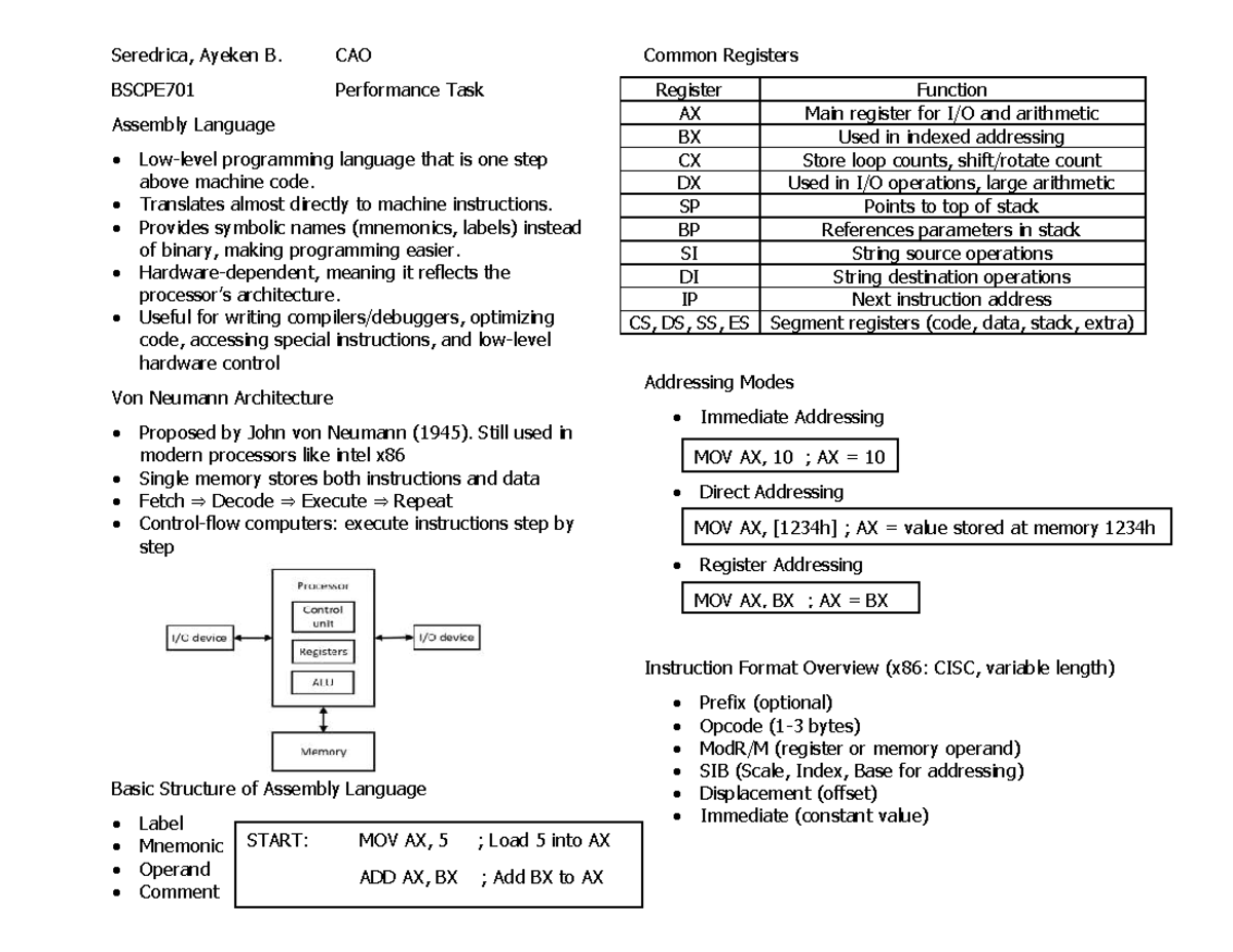 CAO Ptask: Assembly Language Programming Overview BSCPE701 - Studocu