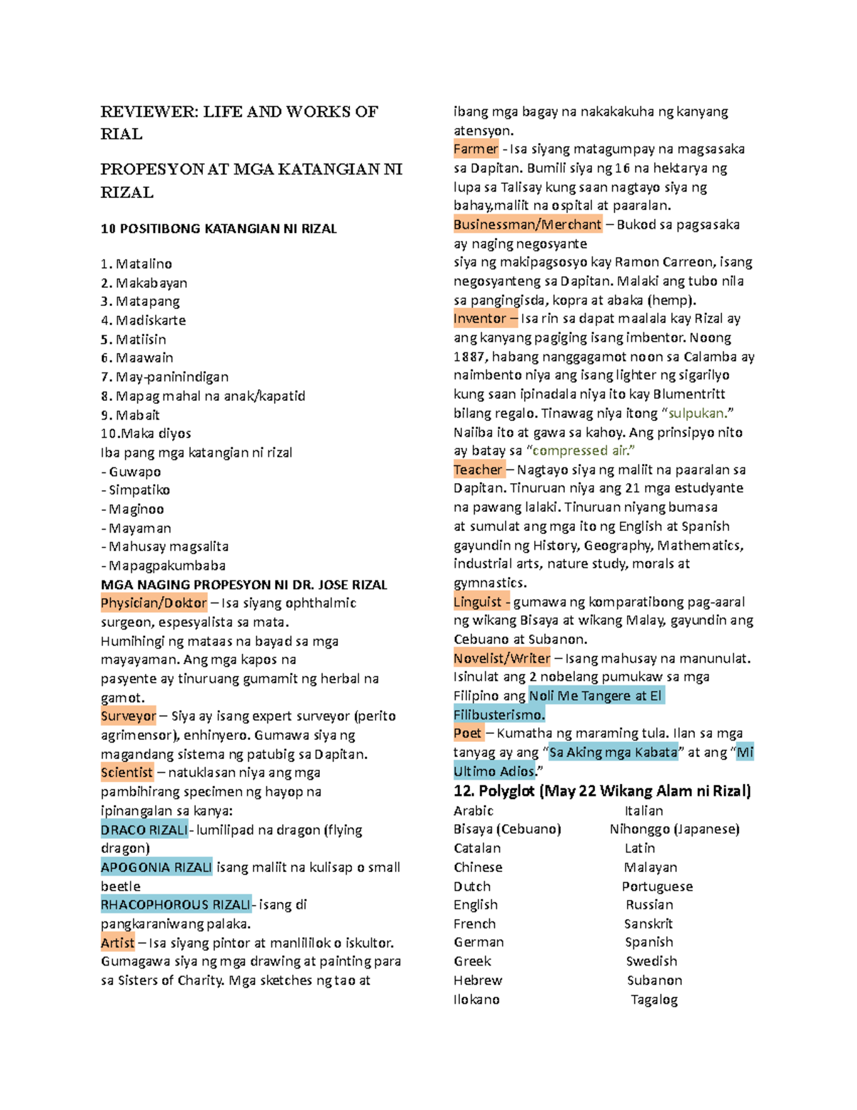 Propesyon at Mga Katangian ni Rizal: Isang Reviewer sa RIAL - Studocu