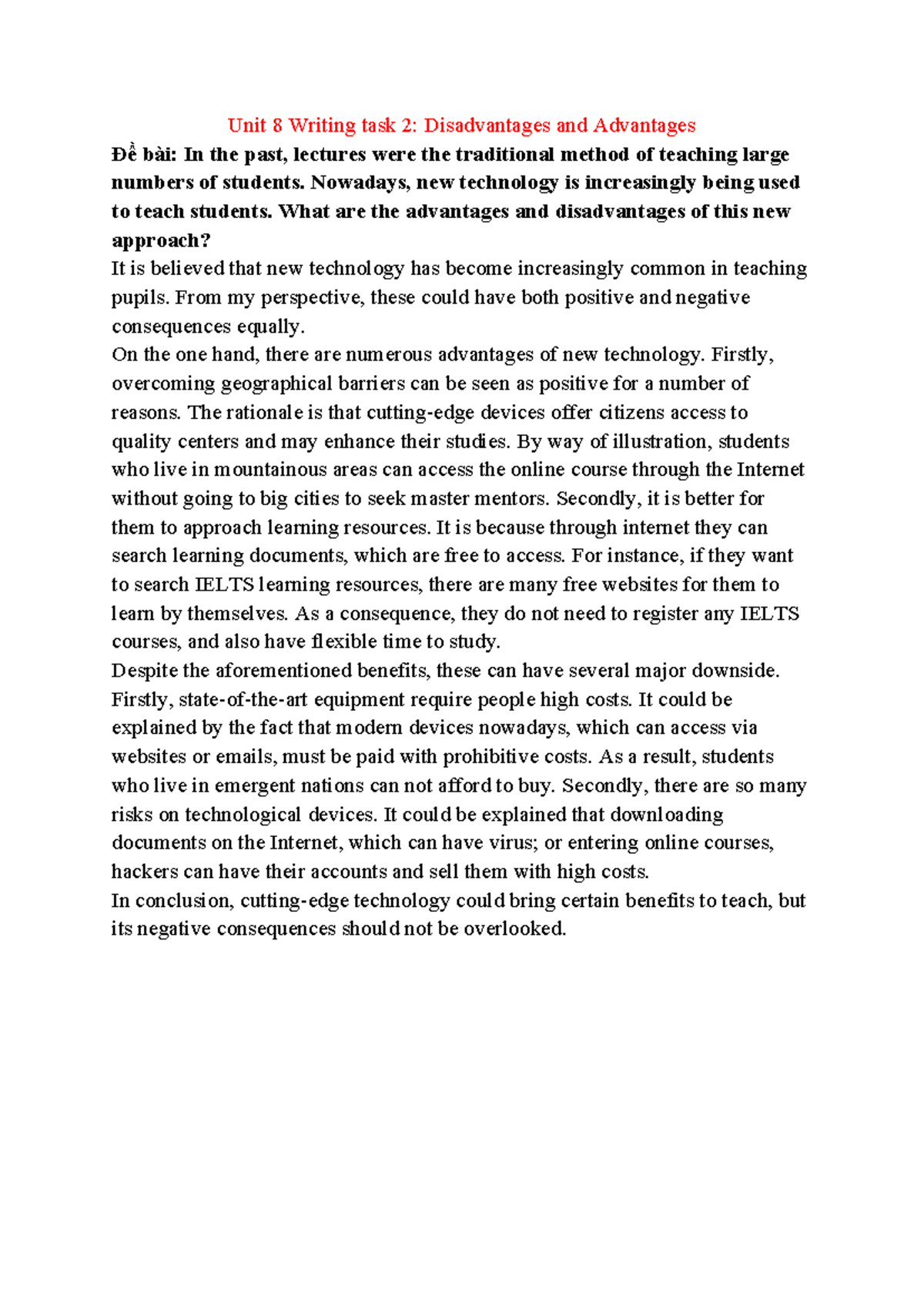 Unit 8 Writing Task 2: Pros and Cons of Technology in Teaching - IELTS ...