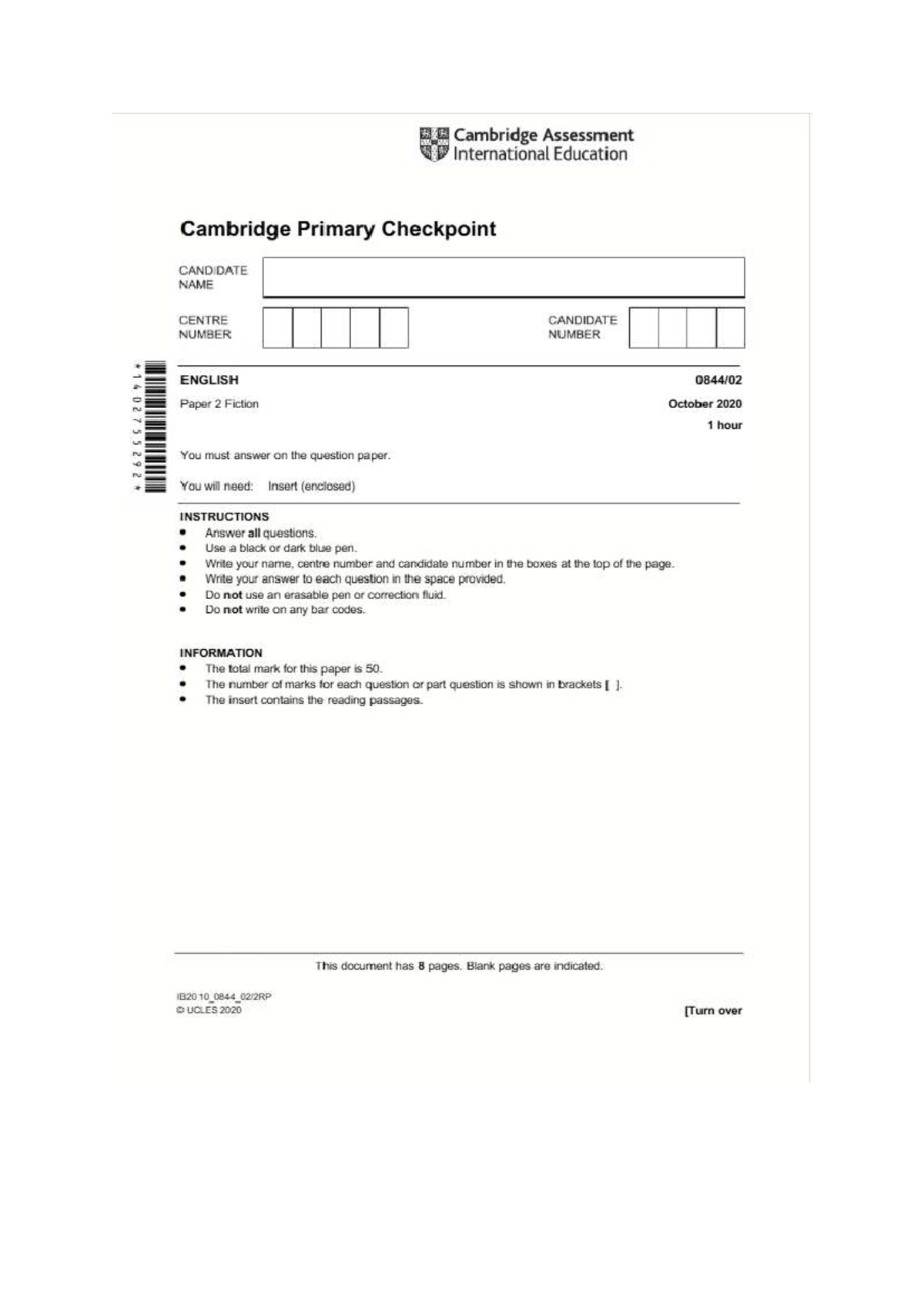 Cambridge Primary Checkpoint English Paper 2 Questions - Oct 2020 - Studocu