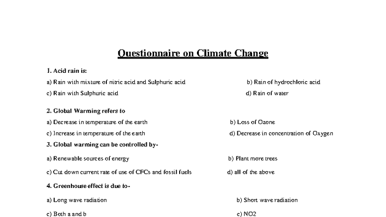 Q. Climate Change Questionnaire: Key Concepts and Impacts - Studocu