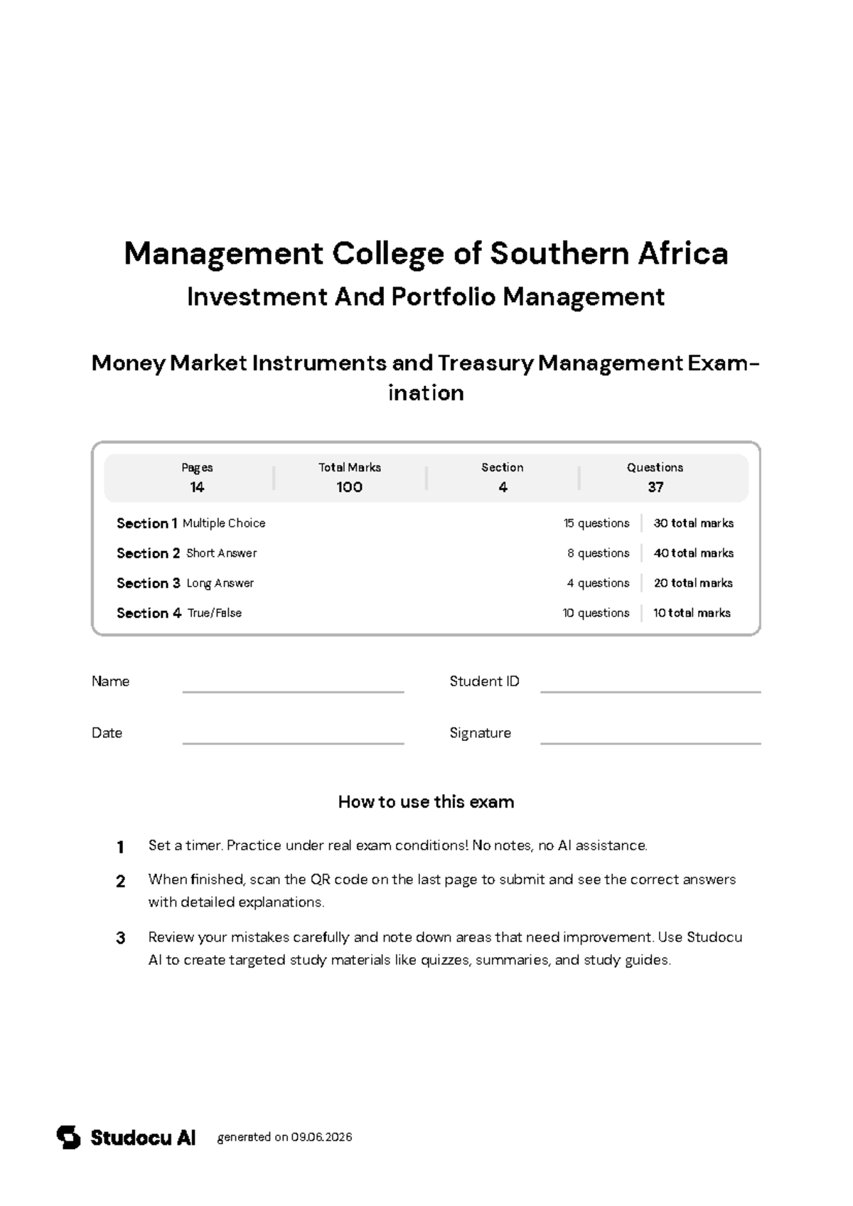 Money Market Instruments & Treasury Management Exam - Studocu