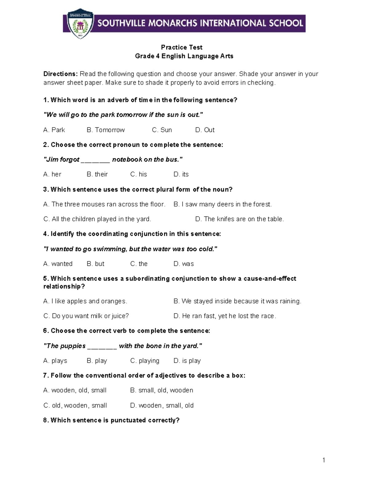 SBA Grade 4 ELA - Practice Test Questions and Answers - Studocu