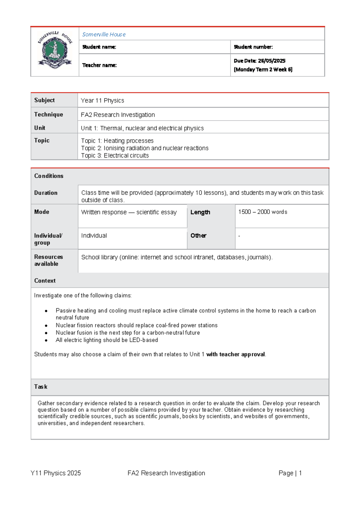 Y11 Physics 2025 FA2 Research Investigation on Evaluating Claims - Studocu