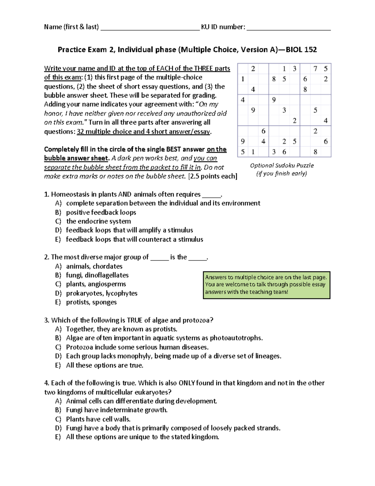 Practice Exam 2 - BIOL 152 - Individual Phase (Multiple Choice & Essay ...
