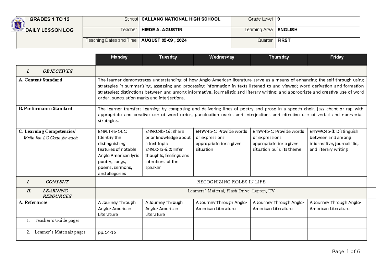 WEEK 2 DAILY LESSON LOG ENGLISH 9 - Quarter 1 2024-2025 - Studocu