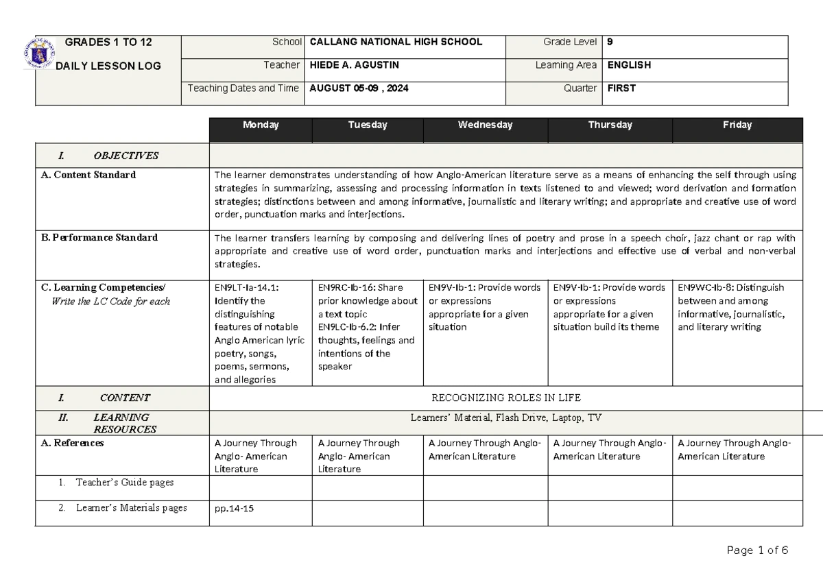COT 1 2024-2025 - CLASSROOM OBSERVATION DAILY LESSON PLAN - GRADES 1 to ...
