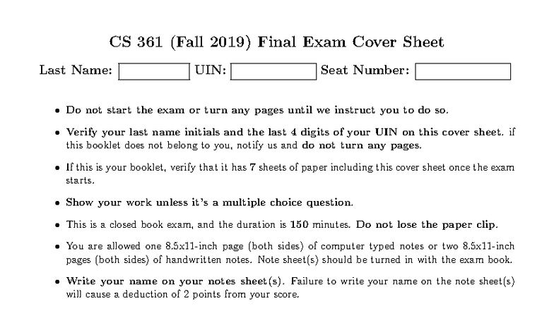 CS 361 (Fall 2019) Final Exam Practice Guide - Studocu