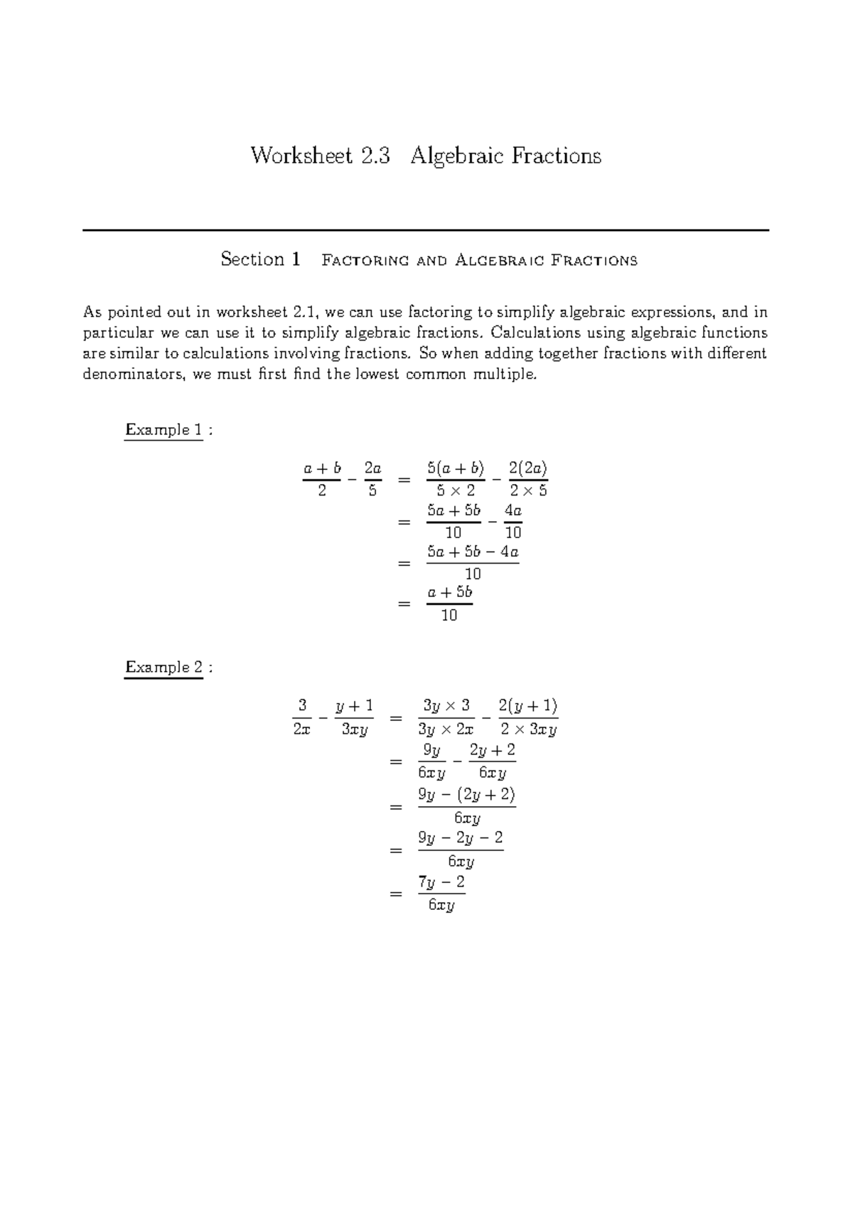 Algebraic Fractions Worksheet 2.3: Factoring & Simplification ...