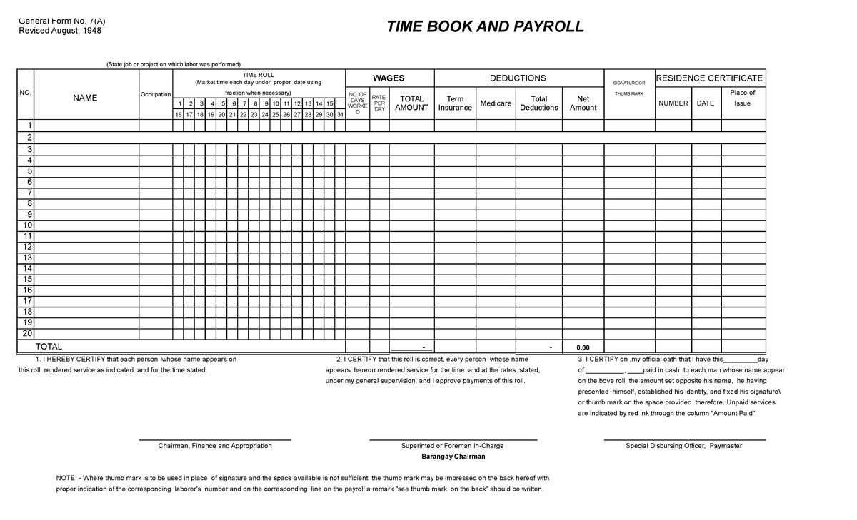 General Form No. 7(A): Time Book & Payroll Revised Aug 1948 - Studocu