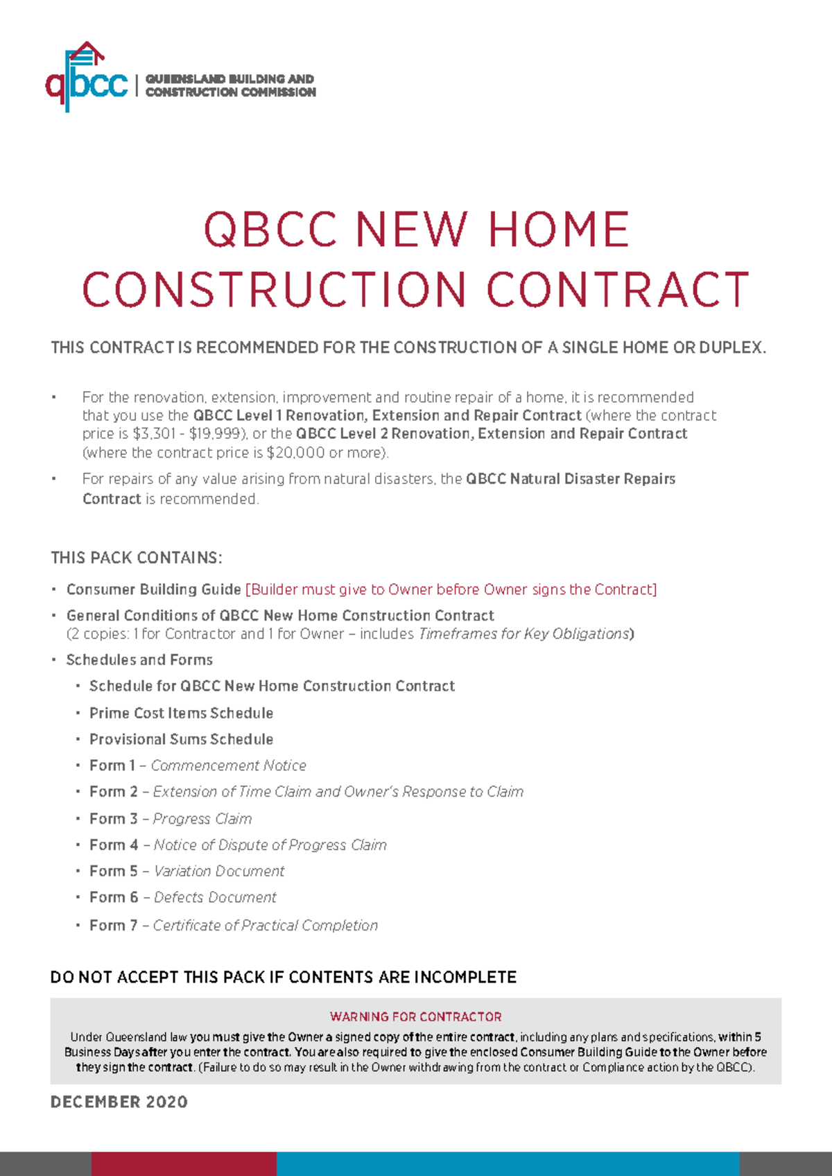 Standard Home Construction Contract - QBCC NEW HOME CONSTRUCTION ...