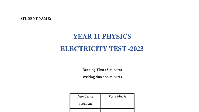 Year 11 Physics Electricity Test (2023) - 10 MCQs & Short Answers - Studocu