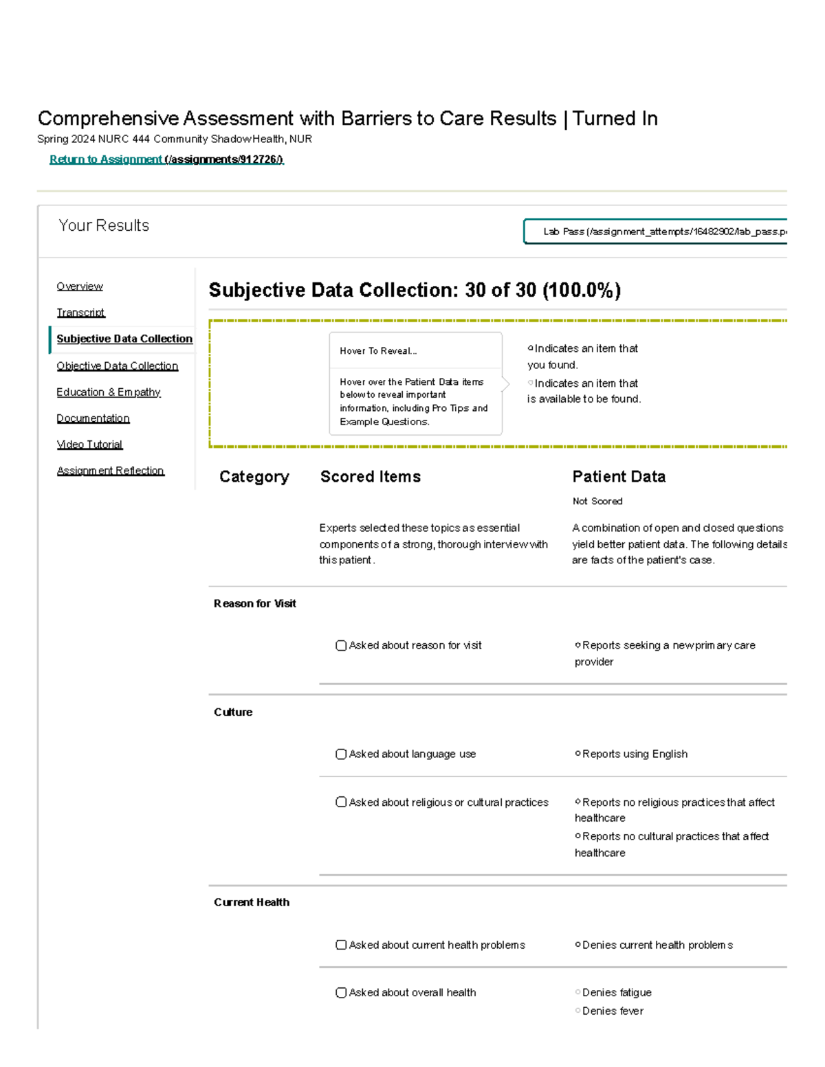 Comprehensive Assessment Results with Barriers to Care - NURC 444 - Studocu